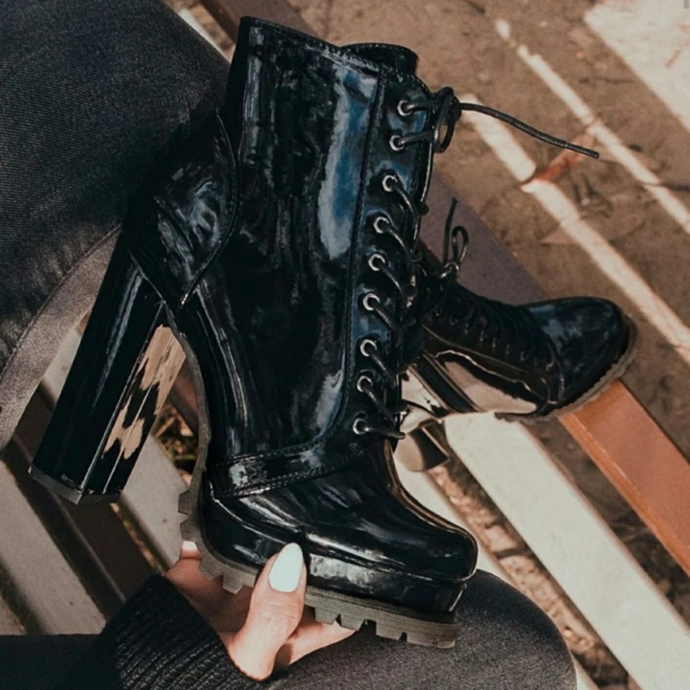 Patent Lug Sole Lace Up Combat Platform Boots - Gem